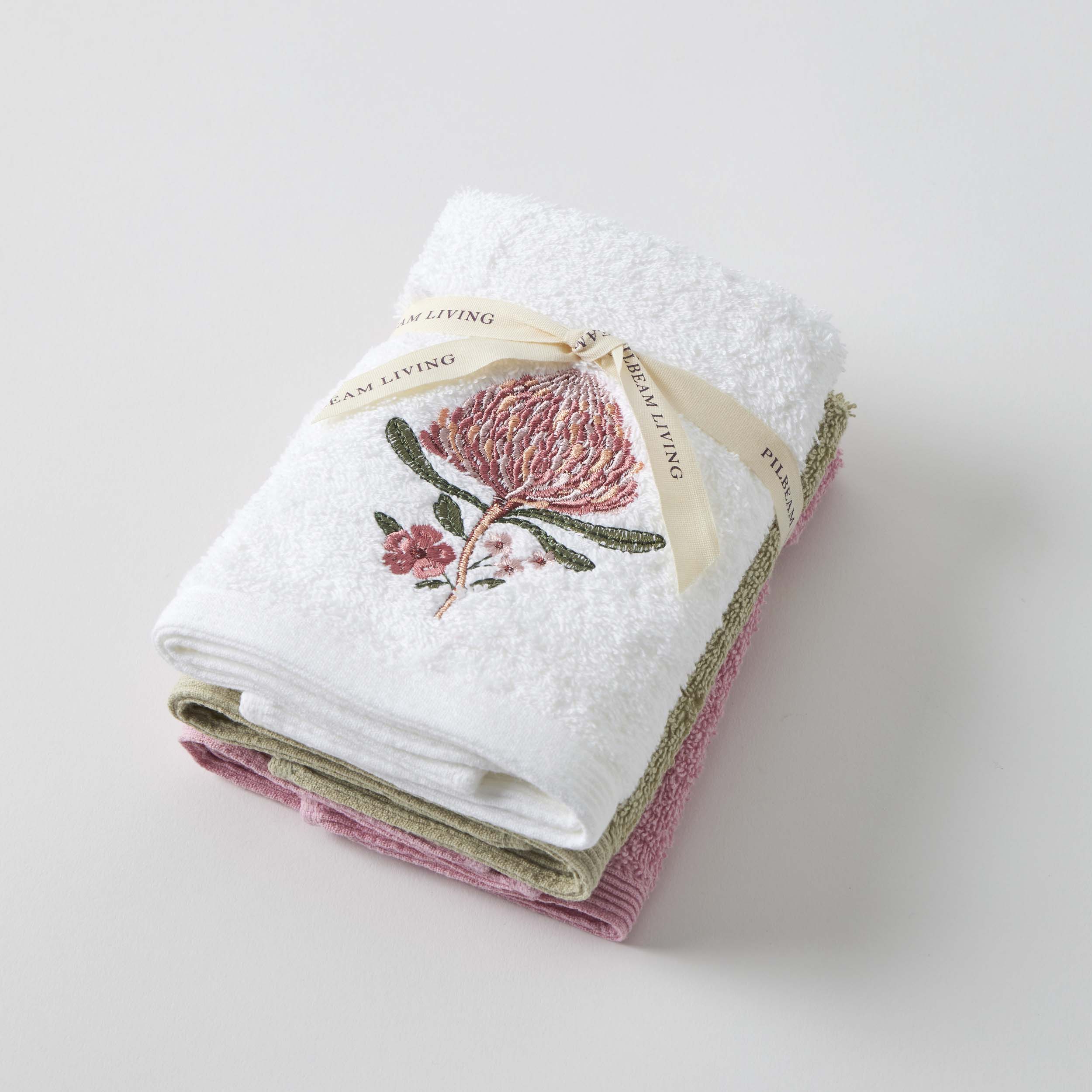 Native Bloom Face Washer Set of 3 (2 Plain) - Pilbeam Living