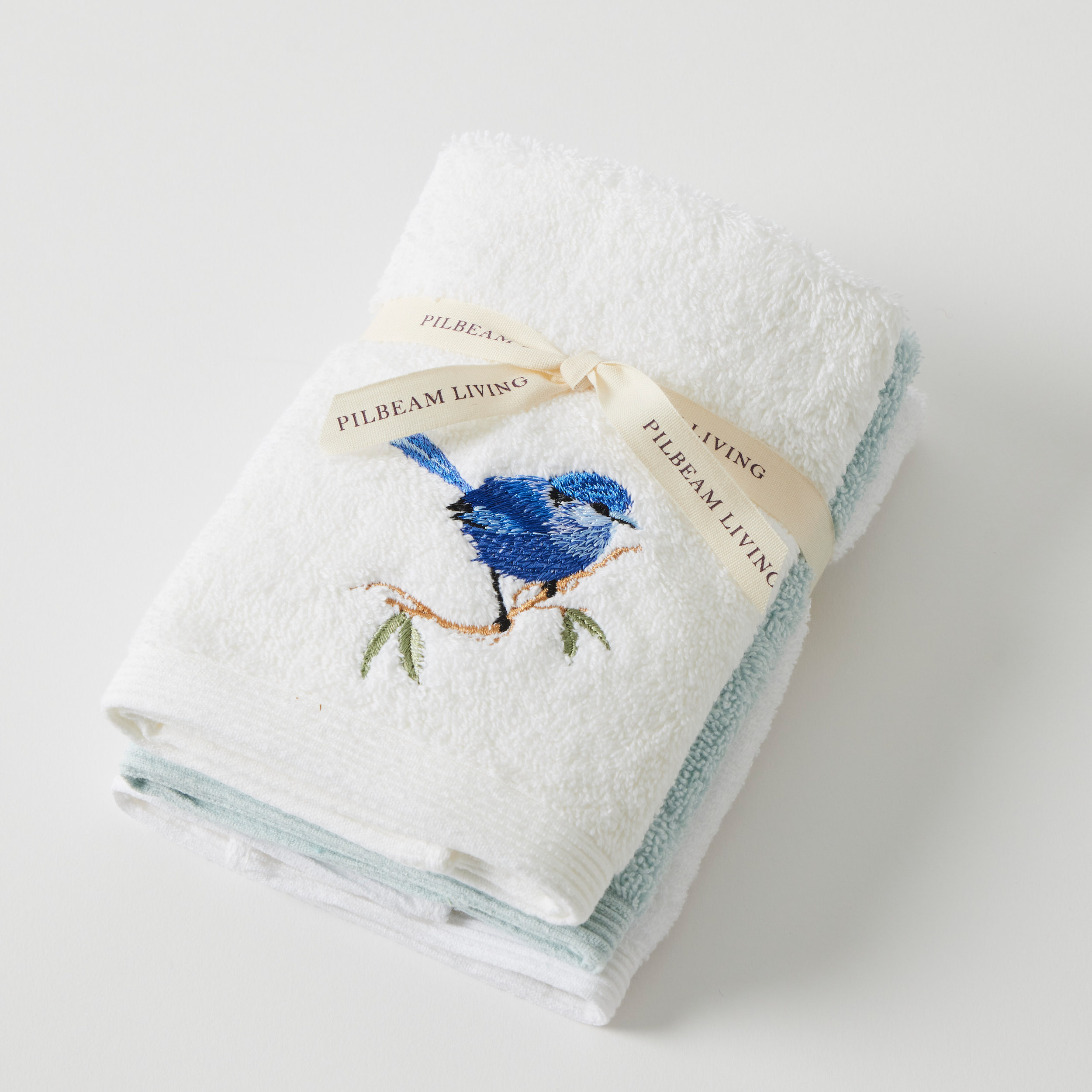 Blue Wren Face Washer Set of 3 (2 Plain) - Pilbeam Living